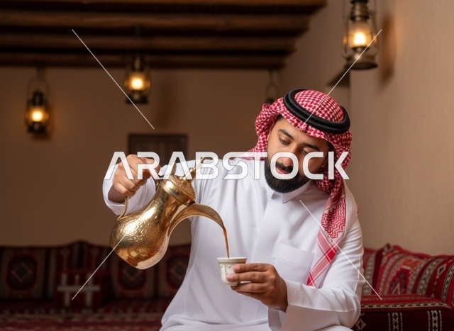 Saudi Man Pouring Arabic Coffee from Golden Dallah - Photo