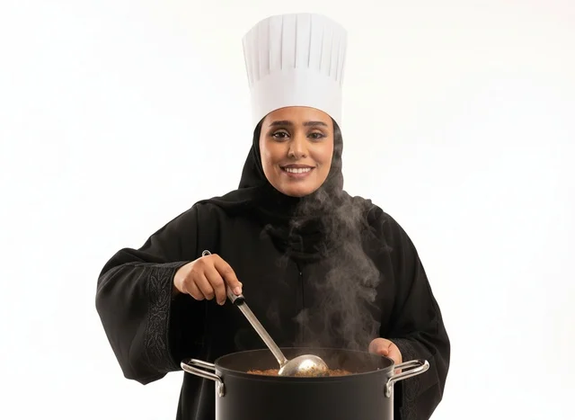 Saudi Female Chef in Kitchen with Flying Vegetables - Photo