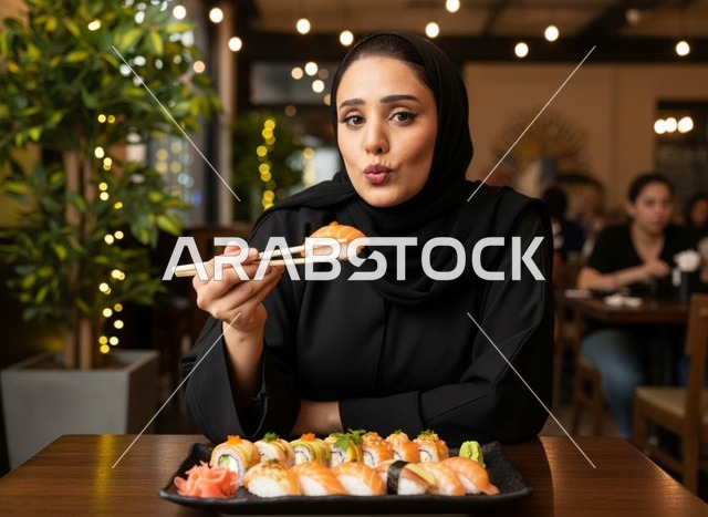 Saudi Woman in Abaya Eating Sushi in Restaurant - Photo