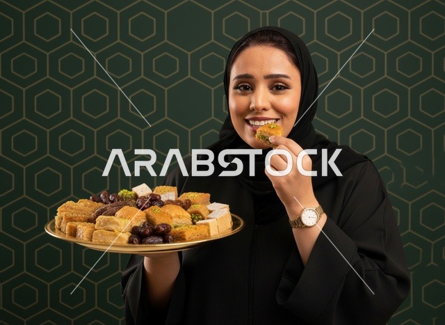 Saudi Woman Eating Arabic Sweets in Abaya - Photo