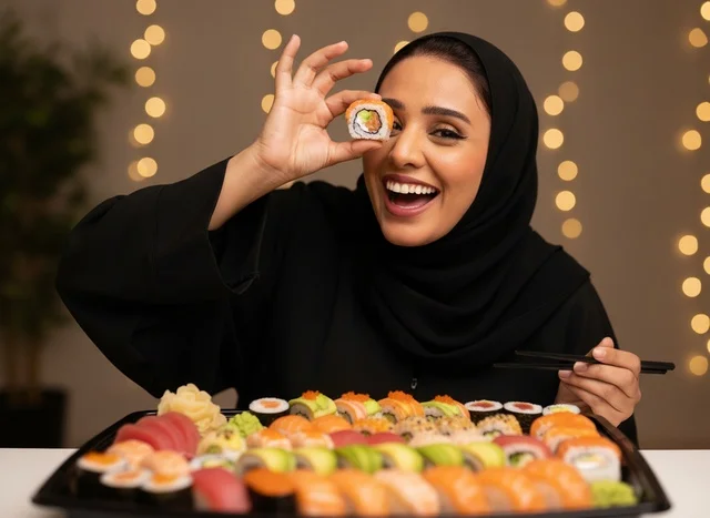 Arab Woman in Abaya Eating Sushi at Restaurant - Photo