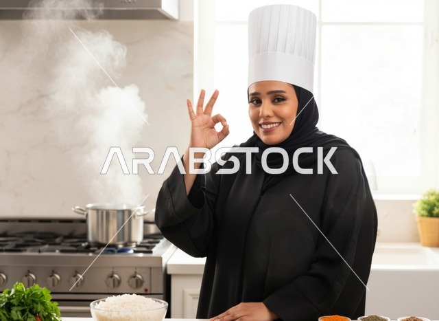 Saudi Female Chef in Kitchen with Okay Gesture - Photo