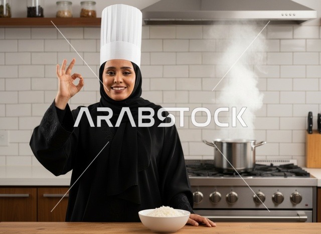 Saudi Female Chef in Kitchen with OK Sign - Photo