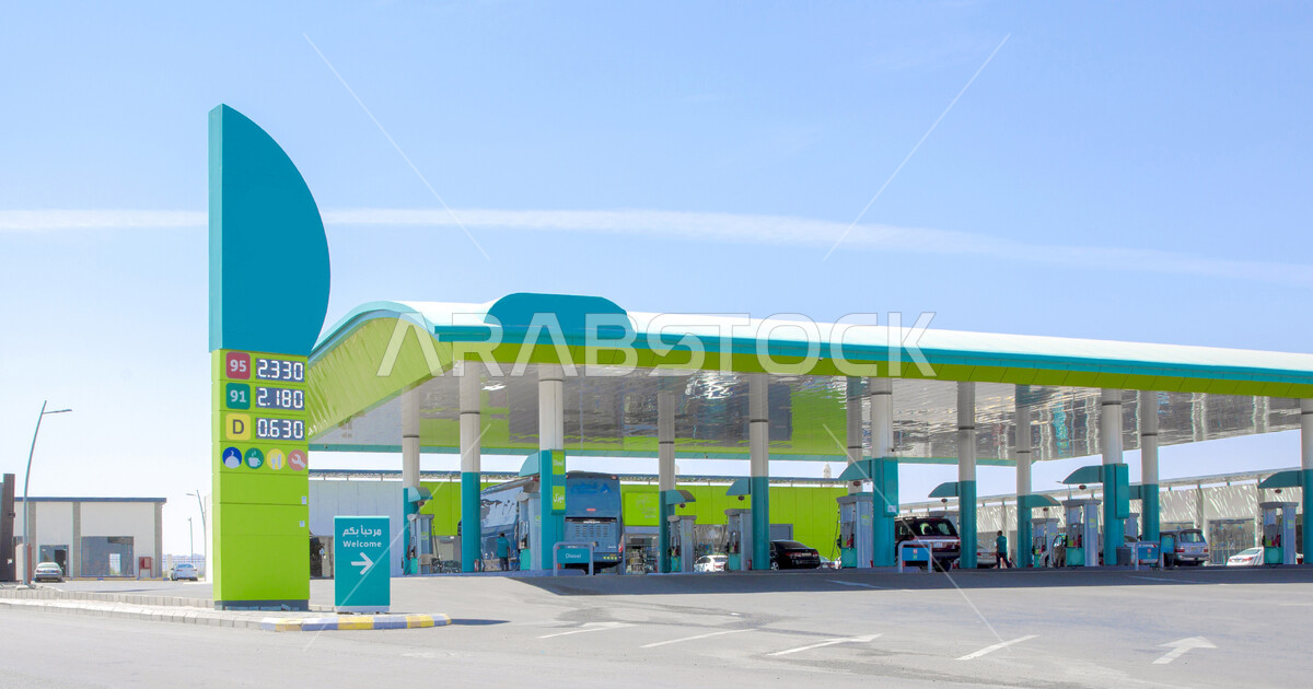A gas station on a street in the Kingdom of Saudi Arabia, a gas station ...