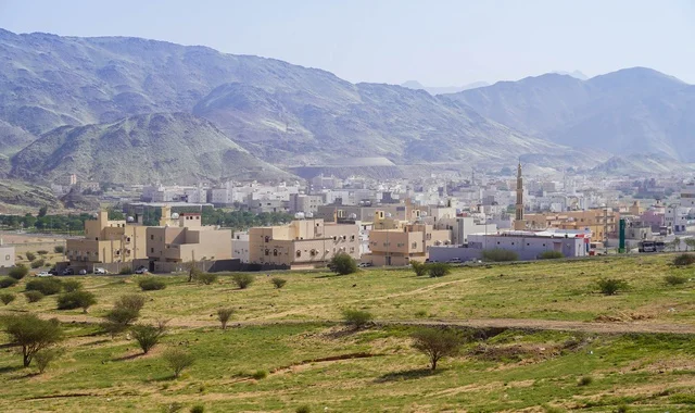 Saudi Arabia Mountain Town with Mosque Minaret - Photo