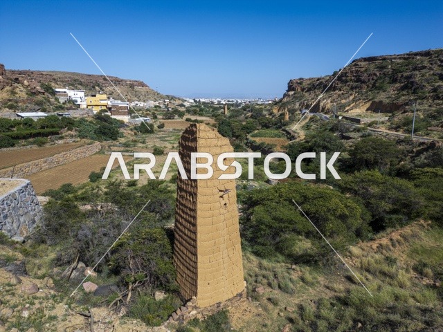 Ancient Mudbrick Tower in Saudi Arabia Mountain Valley - Photo