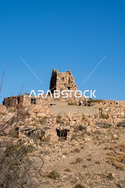 Ancient Arabian Stone Fortress Ruins on Rocky Hill - Photo