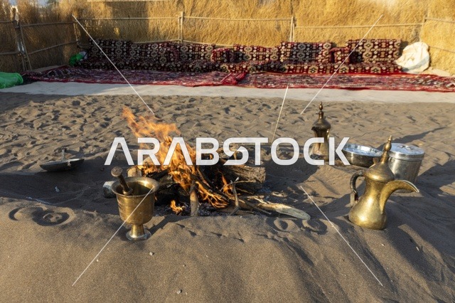 Traditional Arabic Coffee and Campfire in Oman Desert - Photo