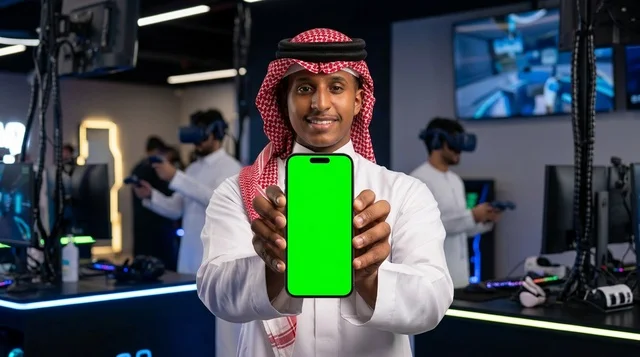 Saudi Man Holding Green Screen Phone in Control Room - Photo