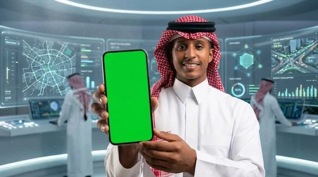 Saudi Man Holding Green Screen Phone in Traditional Market - Photo