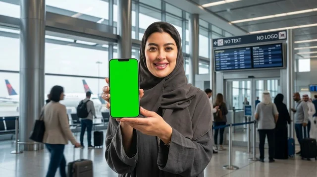 Arab Woman with Green Screen Smartphone in Hotel Lobby - Photo