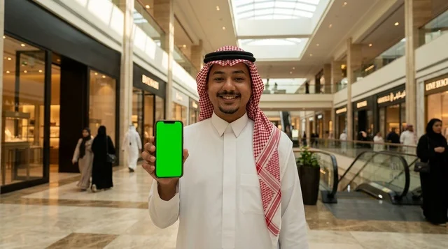 Saudi Man Holding Green Screen Phone in Traditional Market - Photo