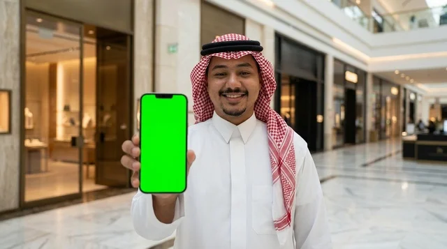 Saudi Man Holding Green Screen Phone in Modern Library - Photo