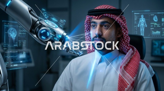 Saudi Arab Man Undergoing Robotic Face Scan in Tech Lab - Photo