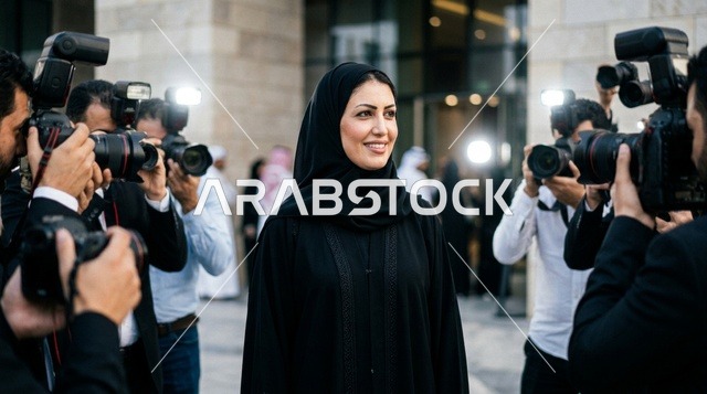 Arab Woman in Abaya Smiling at Paparazzi Media Event - Photo