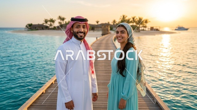 Arab Couple at Tropical Island Resort during Sunset - Photo