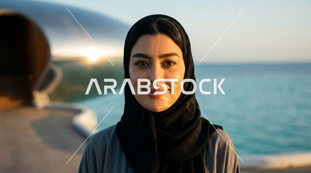 Smiling Saudi Woman at Coastal Resort During Sunset - Photo