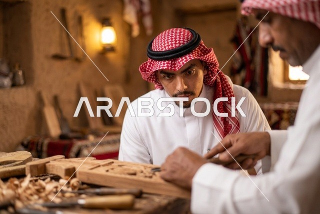 Saudi Craftsman Teaching Wood Carving in Heritage Workshop - Photo