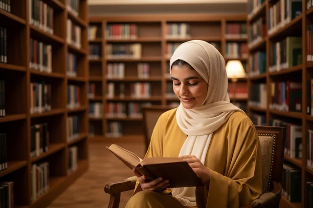 Saudi Woman in Hijab Reading Book in Library Interior - Photo