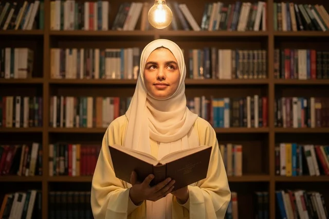 Saudi Woman in Hijab Reading Book in Library Study - Photo