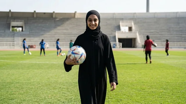 Saudi Arab Man Holding Football in Stadium Portrait - Photo