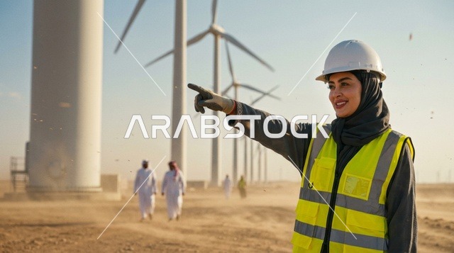 Saudi Female Engineer at Desert Wind Turbines Farm - Photo