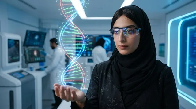Arab Scientist in Futuristic Laboratory with Hologram - Photo