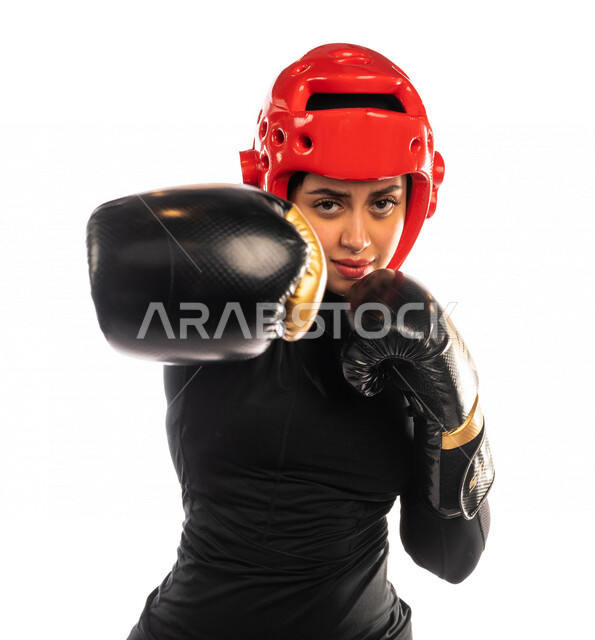 Portrait of a veiled Saudi Arabian Gulf woman in the women's boxing ...