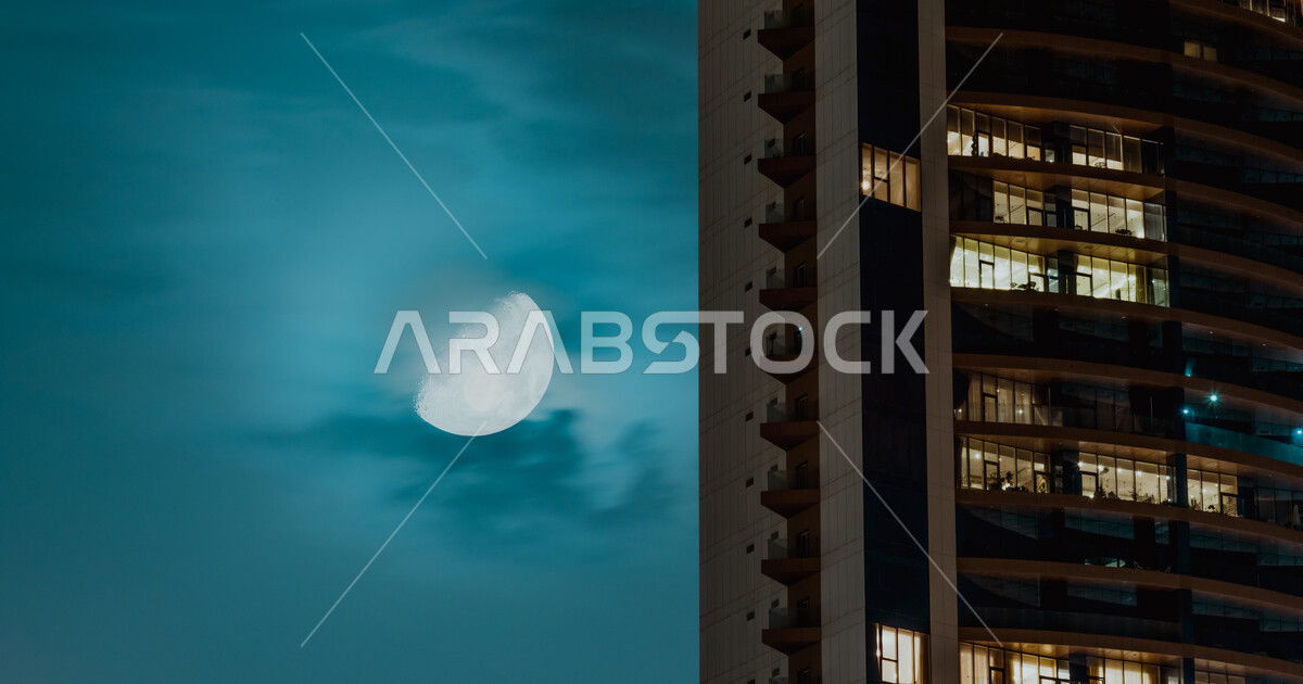Night picture with moonlight in the sky of Jeddah, Saudi Arabia, the ...