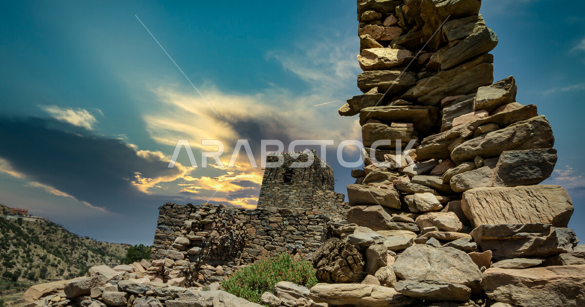 A creative image of the Castle of Bani Saad in the Taif Governorate in ...