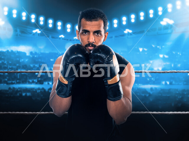 A young Arab Gulf, a Saudi Gulf, wearing boxing costume and boxing ...