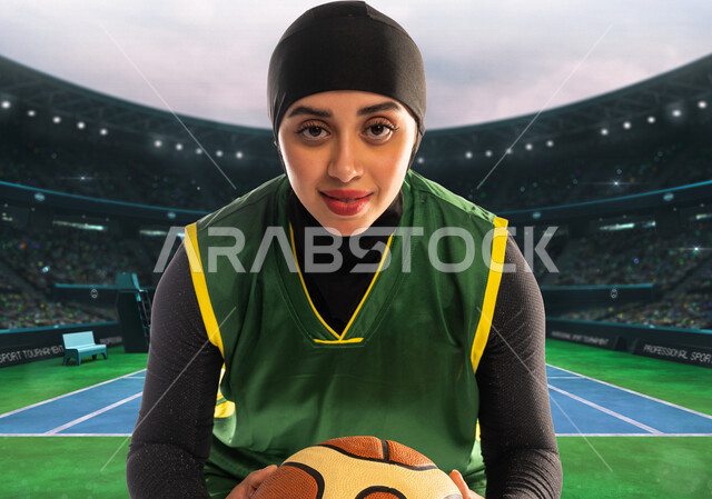 A veiled Saudi Arabian Gulf girl holding a basketball in the court ...