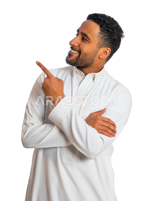 Portrait of a Saudi Arabian Gulf man with his hands clasped, pointing ...