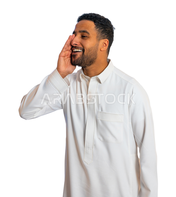 Portrait of a Saudi Arabian Gulf man making calling gestures, speaking ...
