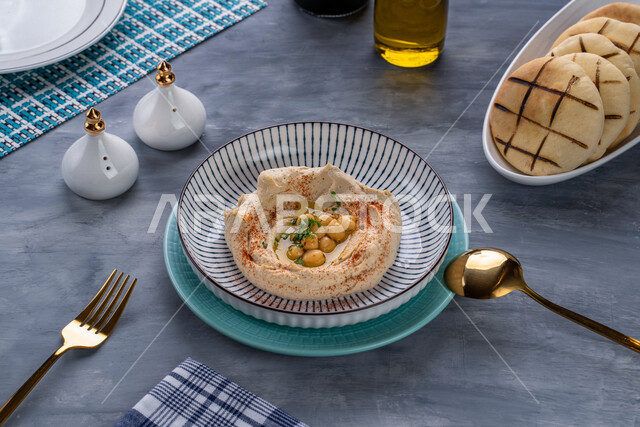 A close-up of a delicious hummus dish, healthy food dishes, restaurants ...