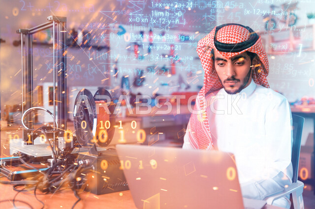 A Saudi Arabian Gulf man using a laptop, a web developer job, using ...