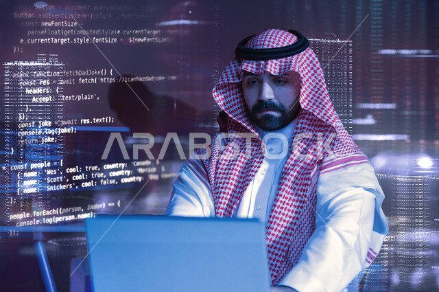 A Saudi Arabian Gulf man using a mobile device with a background in ...
