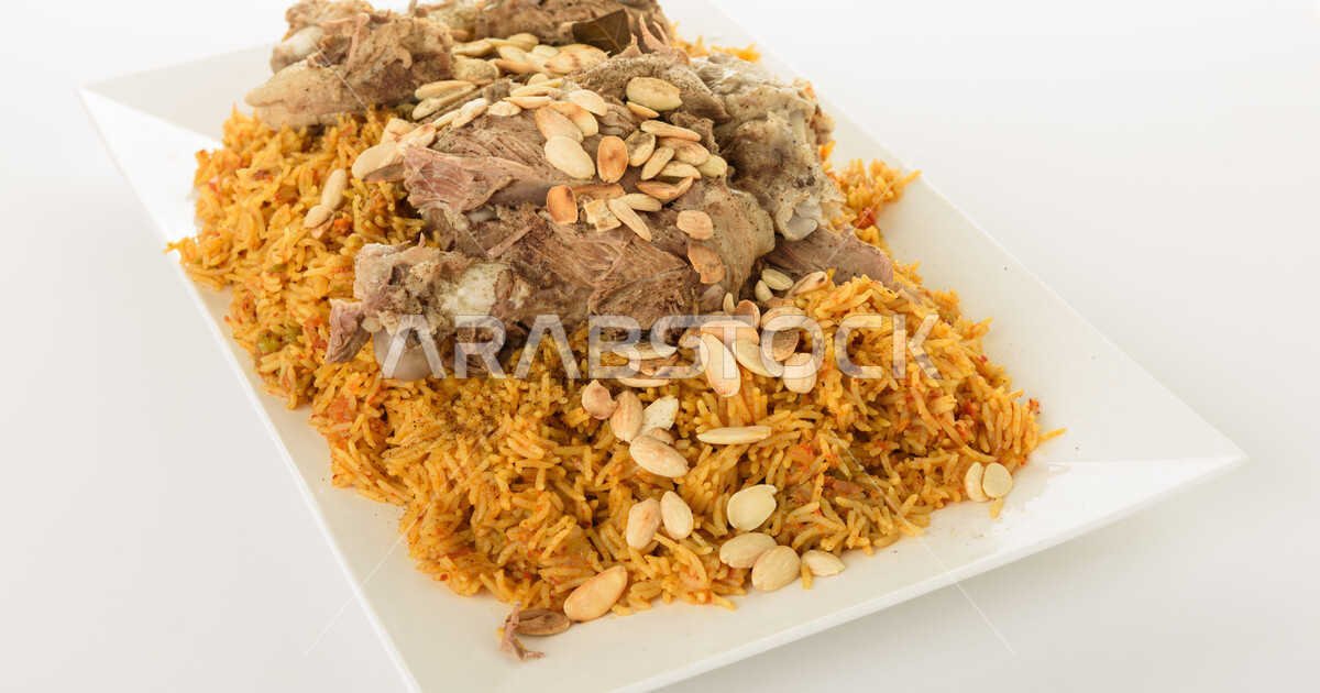 A plate of kabsa rice with lamb meat, traditional Saudi Arabian Gulf ...