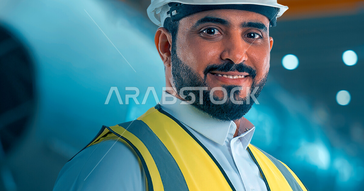 Close-up of a Saudi Arabian Gulf engineer wearing a work helmet and ...