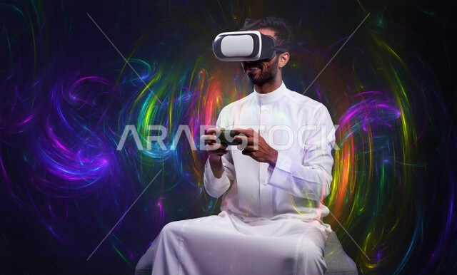 A Saudi Arabian Gulf youth wearing virtual reality (VR) 3D glasses and ...