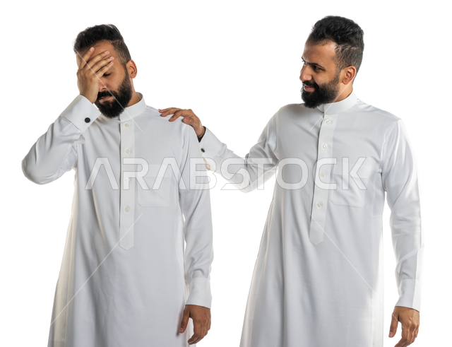 Portrait of a Saudi Arabian Gulf man comforting his sad twin brother ...