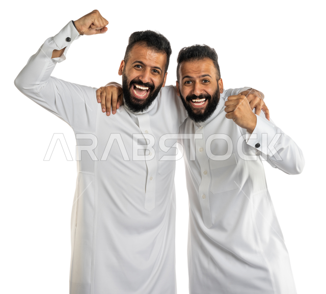 Portrait of two Saudi Arabian Gulf Arab twin men with gestures and ...