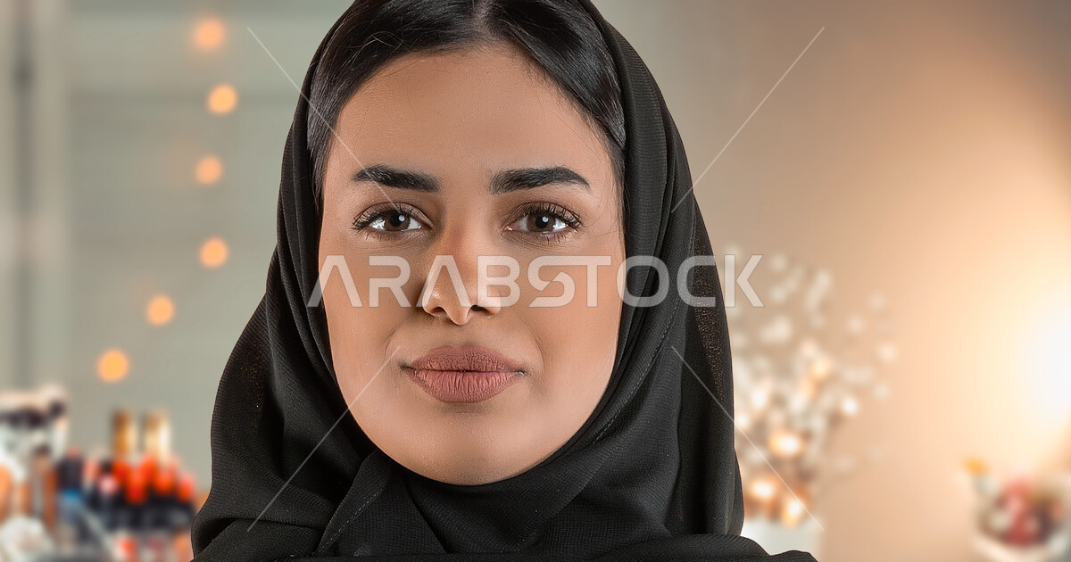 Close-up of the face of a veiled Saudi Arabian Gulf woman for a ...