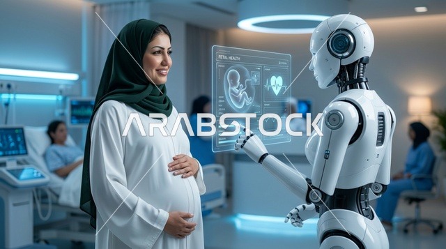 Pregnant Arab Woman and Medical Robot in Futuristic Clinic - Photo