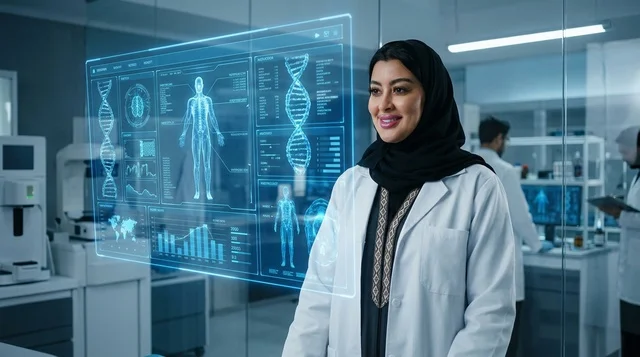 Arab Female Scientist Analyzing DNA Hologram in Lab - Photo
