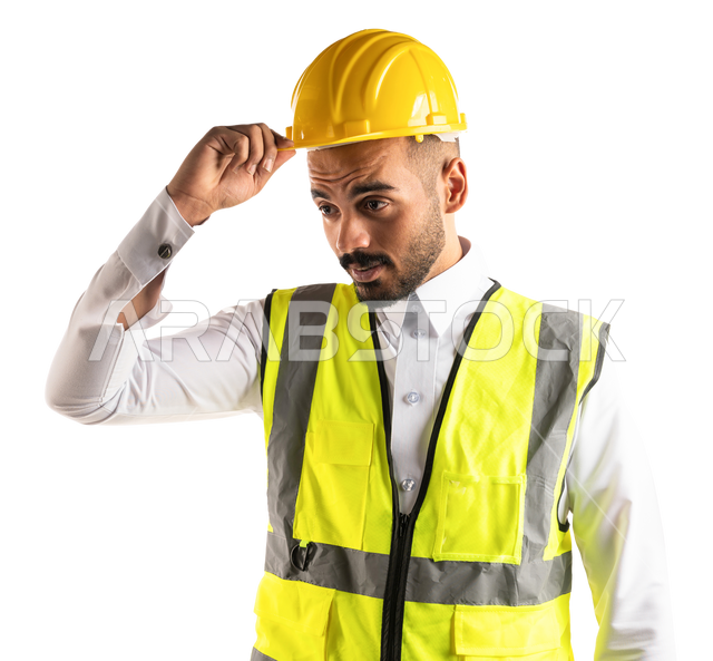 Portrait of a Saudi Arabian Gulf engineer wearing a work helmet and ...