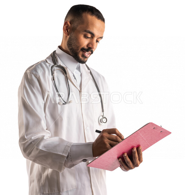 Portrait of a smiling Saudi Arabian Gulf doctor wearing a medical coat ...