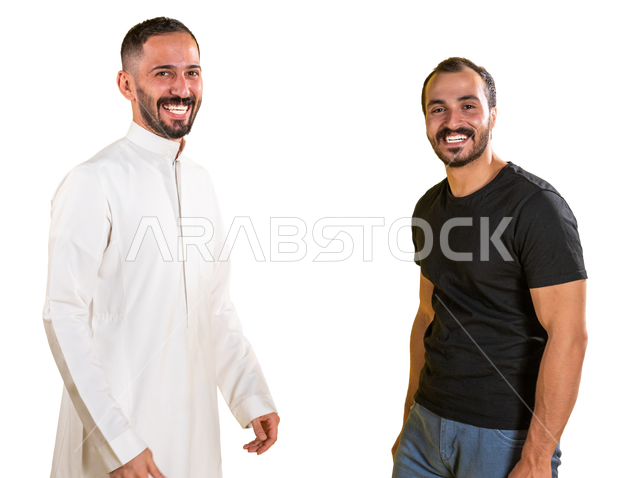 Portrait of two Saudi Arabian Gulf men, interconnected brotherly ...