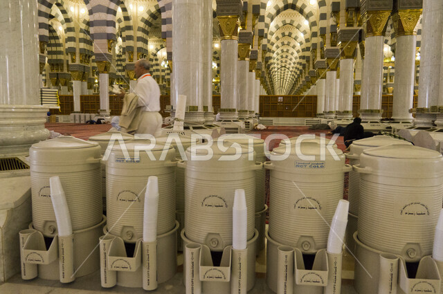 Rows of Zamzam water barrels inside the Prophet's Mosque in Medina in ...