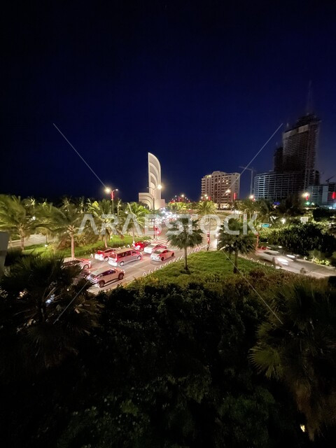 Night view of the city of Jeddah in the Kingdom of Saudi Arabia, the ...